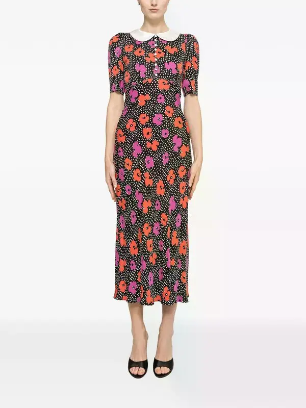 NISSA Floral Print Midi Dress - Black