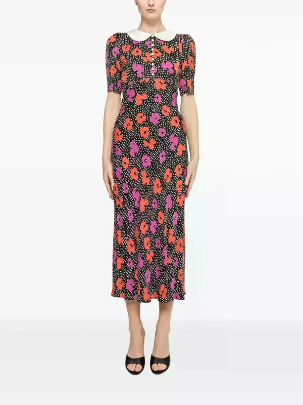 NISSA Floral Print Midi Dress - Black