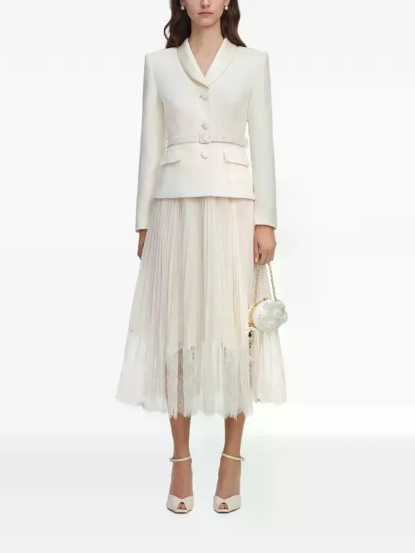 SELF-PORTRAIT Belted Pleated Midi Dress In Cream Boucl