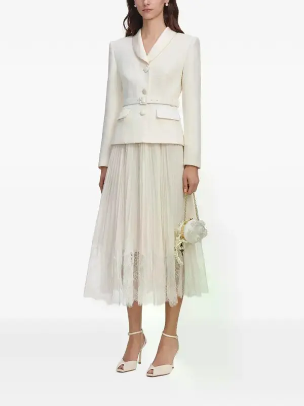 SELF-PORTRAIT Belted Pleated Midi Dress In Cream Boucl