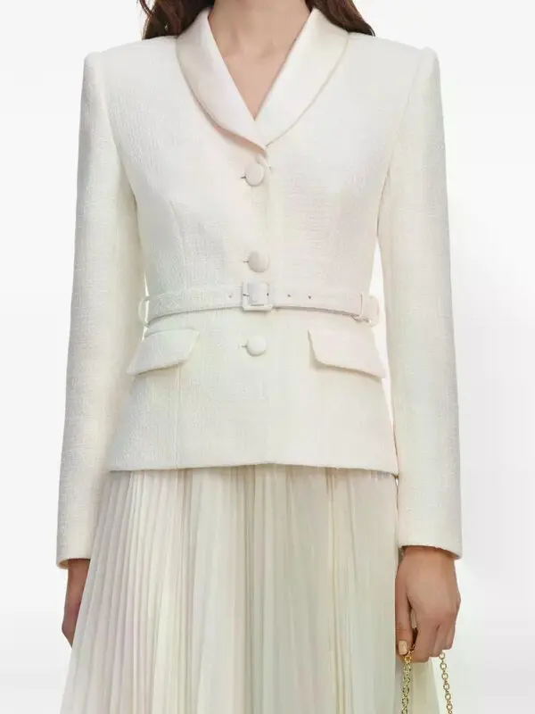 SELF-PORTRAIT Belted Pleated Midi Dress In Cream Boucl