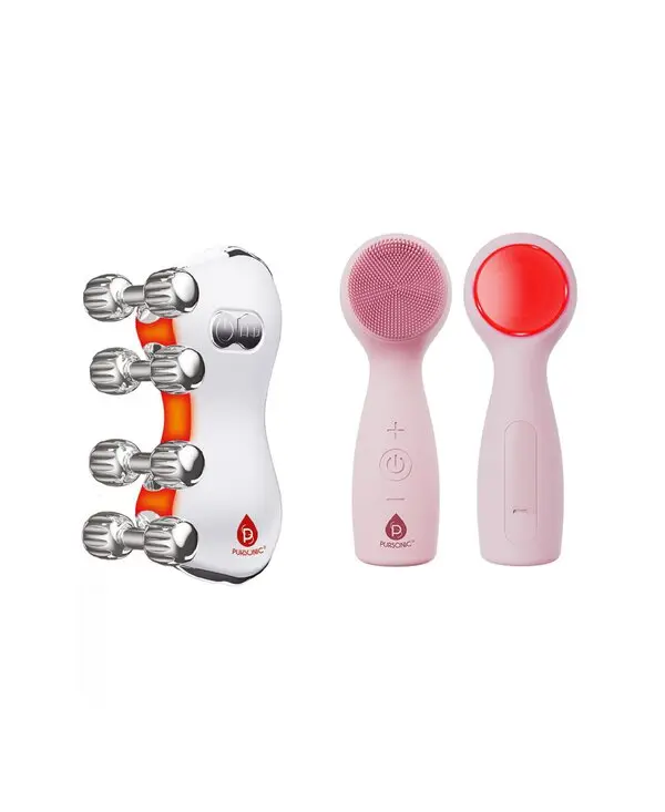 PURSONIC 5-in-1 Skin Roller Massager With Led Light Therapy And 3-in-1 Facial Cleansing Device With 7 Color Led Light Therapy - Pink