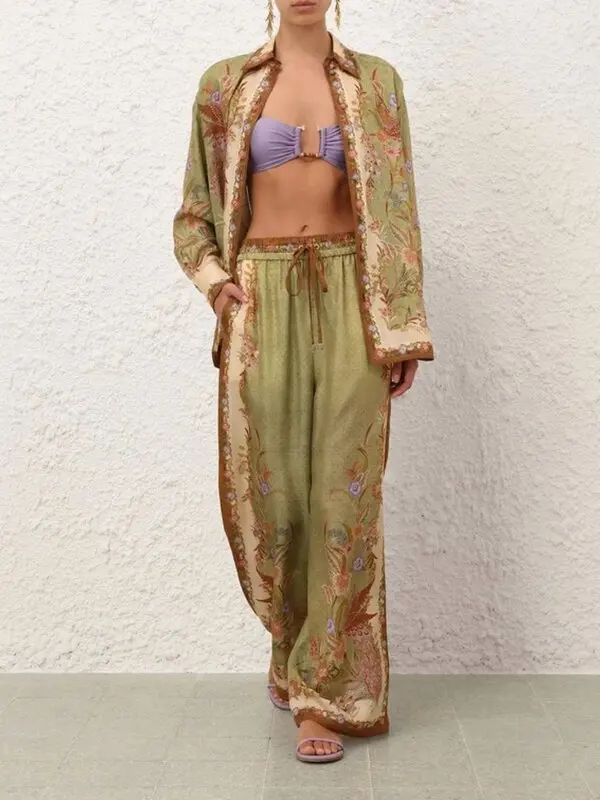 Zimmermann Indra Relaxed Pants In Khaki Scarf Floral - Green