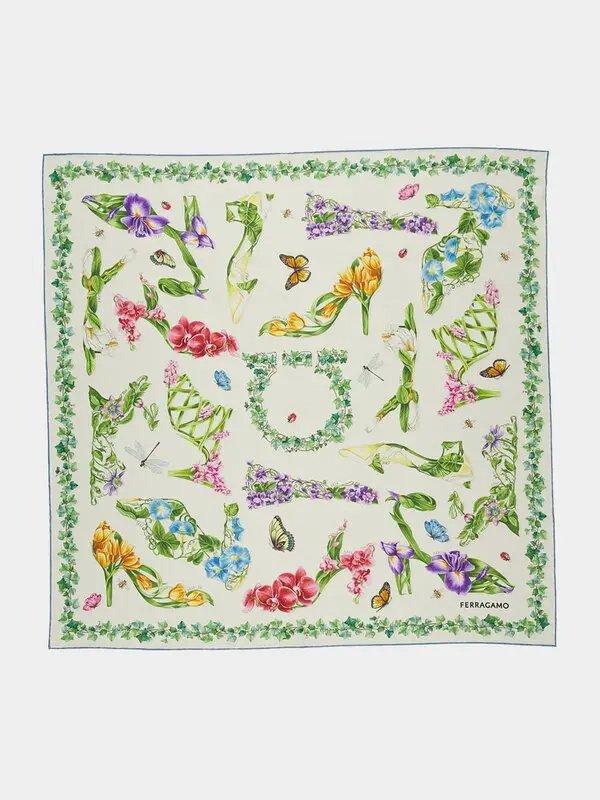 FERRAGAMO Ivory And Sky Blue Eden Shoes Print Silk Scarf - Multicolour