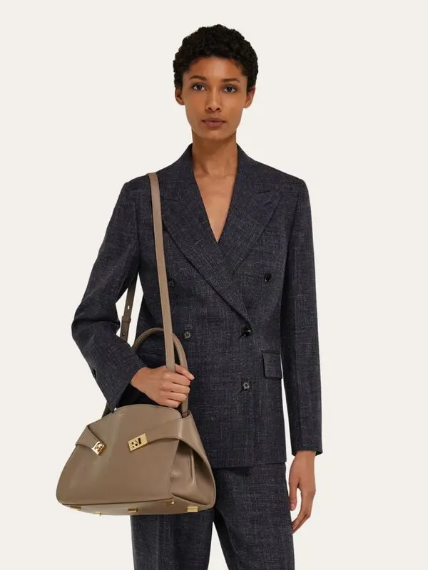 FERRAGAMO Hug Soft Shoulder Bag In Warm Taupe Calfskin Leather - Beige