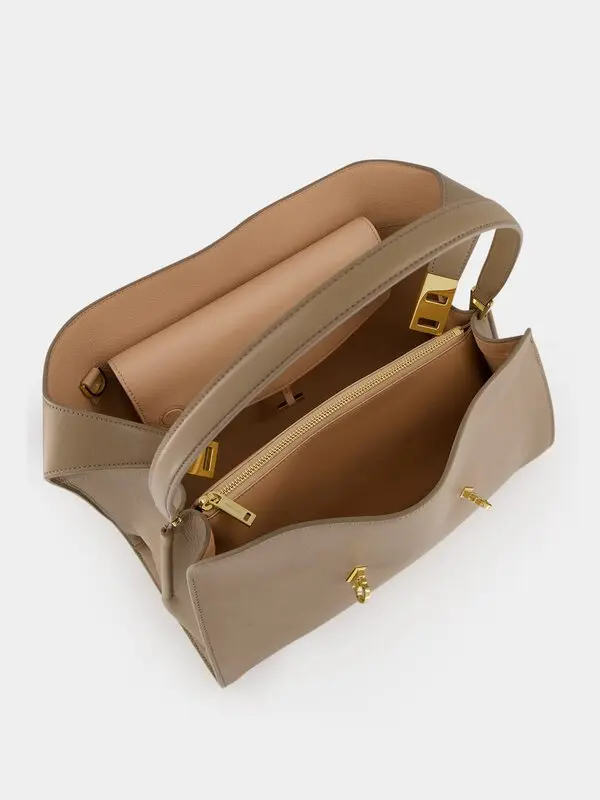 FERRAGAMO Hug Soft Shoulder Bag In Warm Taupe Calfskin Leather - Beige