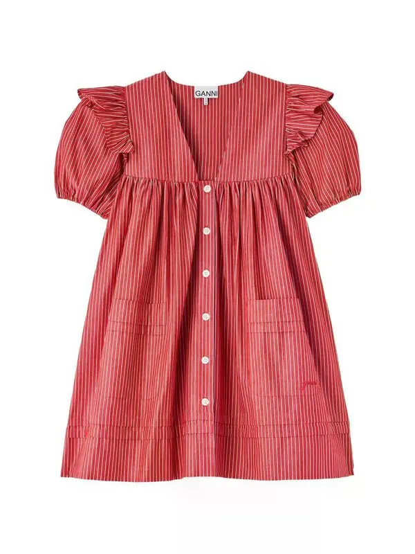 GANNI Striped Ruffled Mini Dress - Red