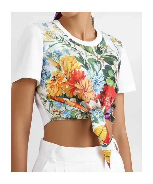 Dolce & Gabbana Cropped T-shirt In Cotton-silk Blend - White
