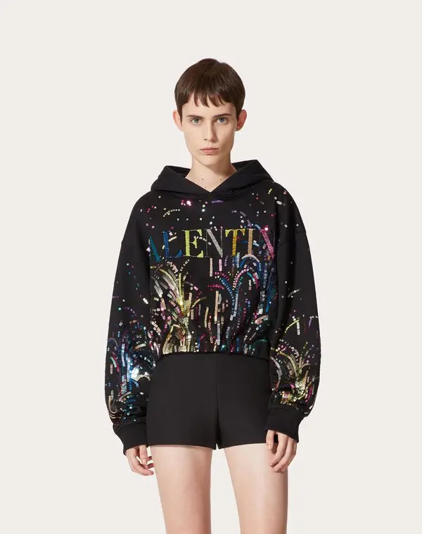 Valentino Garavani Sequin Logo Cropped Hoodie