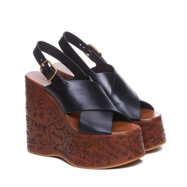 Chloé Maxime Wood Wedge Sandals In Calf Leather - Black