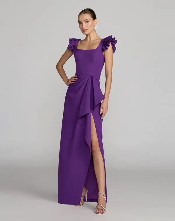 Mac Duggal Square Neck Ruffle Slit Gown - Purple
