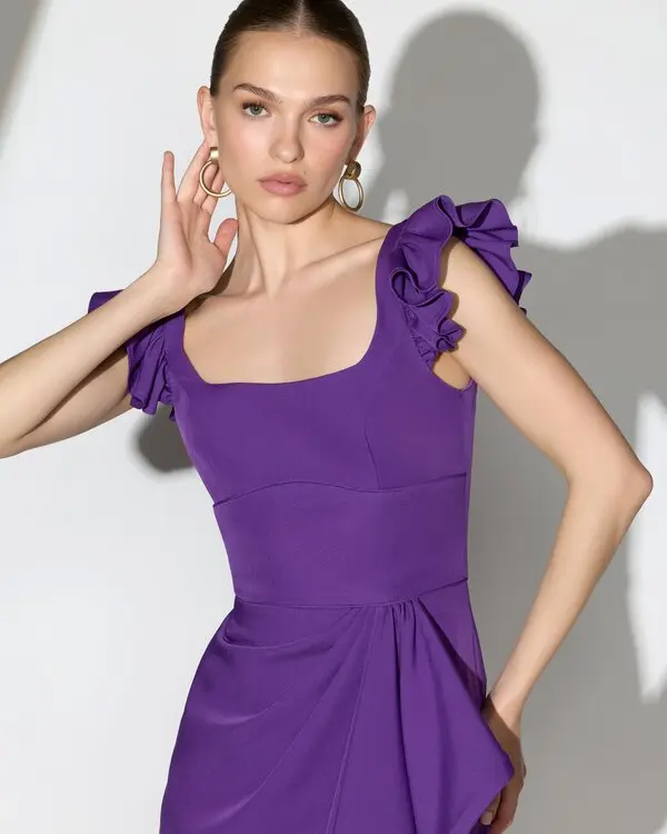 Mac Duggal Square Neck Ruffle Slit Gown