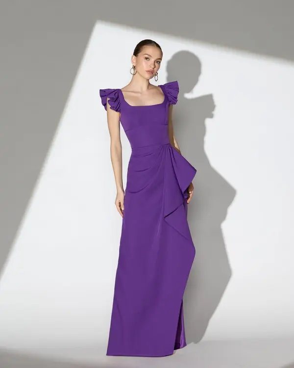 Mac Duggal Square Neck Ruffle Slit Gown