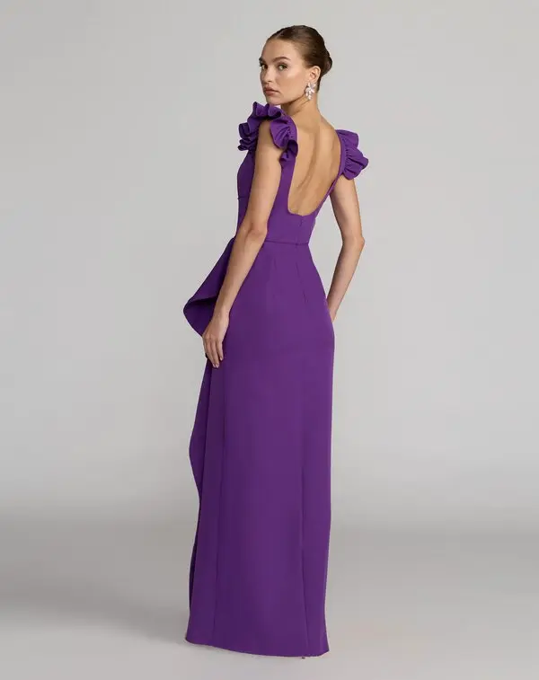 Mac Duggal Square Neck Ruffle Slit Gown