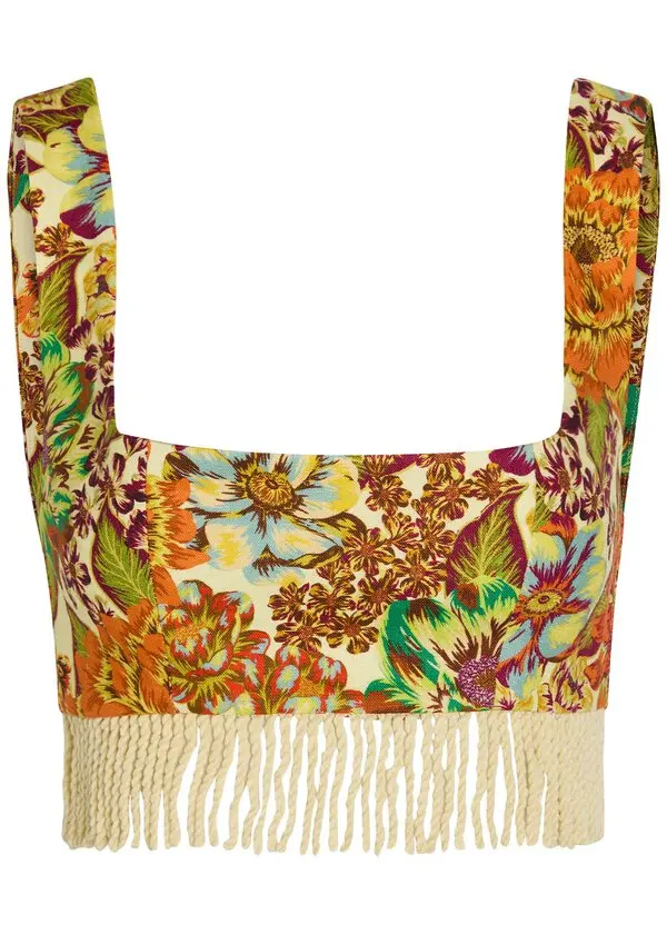 ALEMAIS Lana Floral-print Fringed Linen Crop Top - Multicoloured