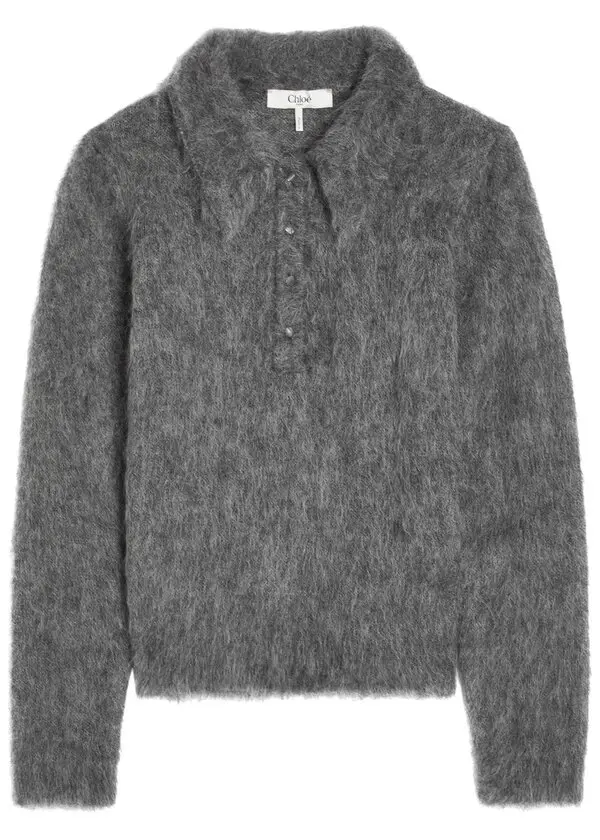 Chloé Brushed Knit Wool-blend Polo Top - Grey