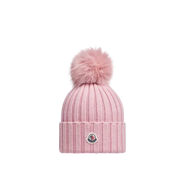 Moncler Ribbed Knit Beanie With Faux Fur Pom Pom - Pink
