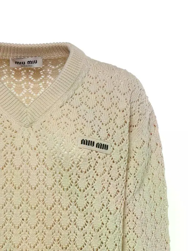Miu Miu Pointelle Knit Logo Patch V-neck Sweater