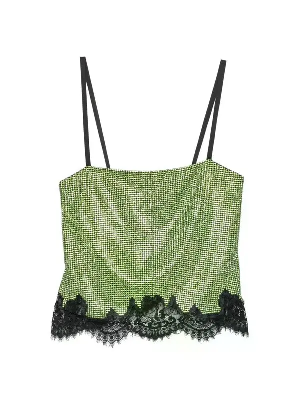 SELF-PORTRAIT Rhinestone Embellished Lace Trim Top - Green