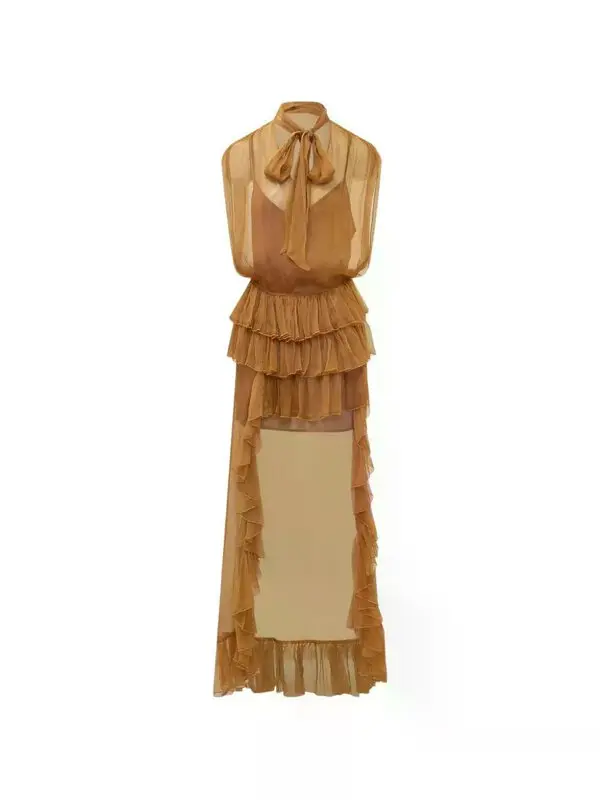 ACTUALEE Ruffled Tiered Asymmetric Dress - Brown