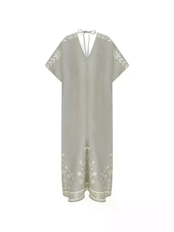 Greek Archaic Kori Embroidered V-neck Midi Dress - Grey