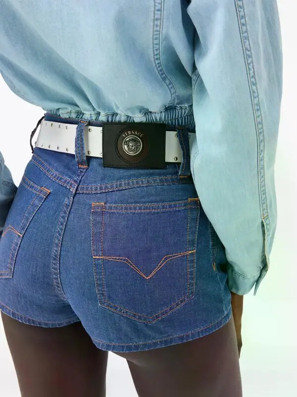 Versace Medusa Plaque Denim Mini Shorts