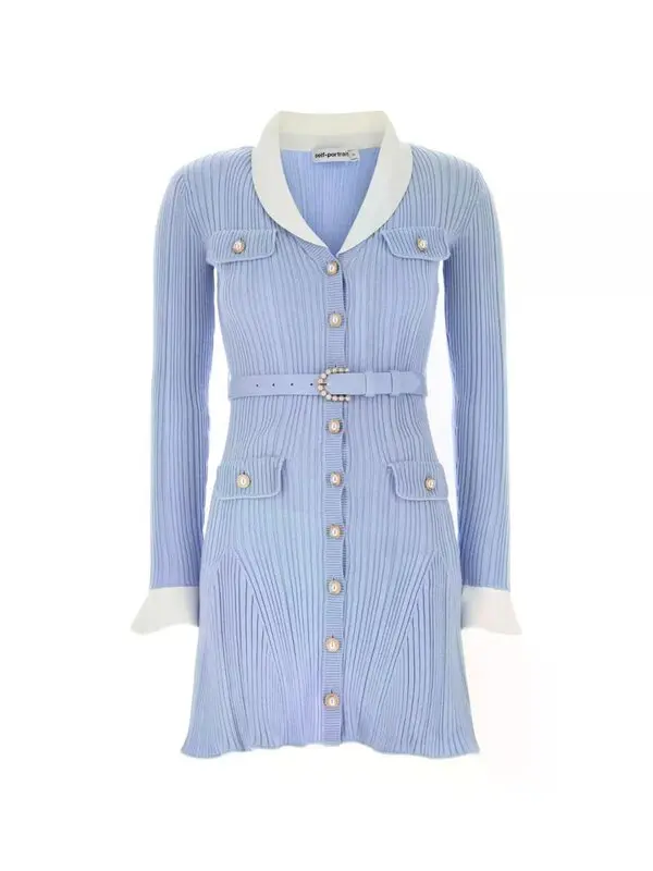SELF-PORTRAIT Belted Ribbed-knit Dress - Blue