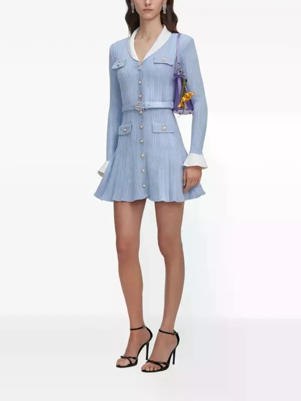 SELF-PORTRAIT Belted Ribbed-knit Dress - Blue