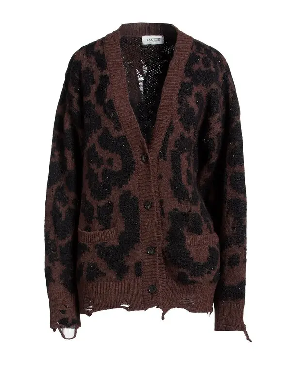 LANEUS Sequined Leopard Print Merino Wool Blend Cardigan - Brown