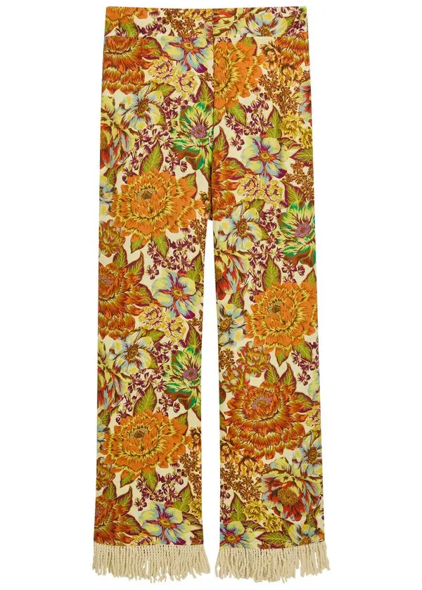 ALEMAIS Alémais Floral Print Linen Trousers With Fringe Detail - Multicoloured