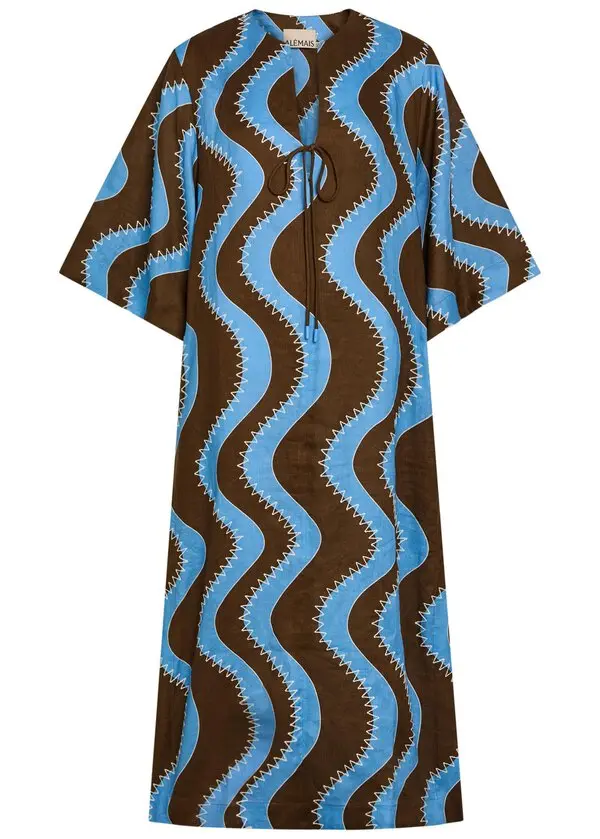 ALEMAIS Alémais Frankie Wavy-print Linen Midi Dress - Blue