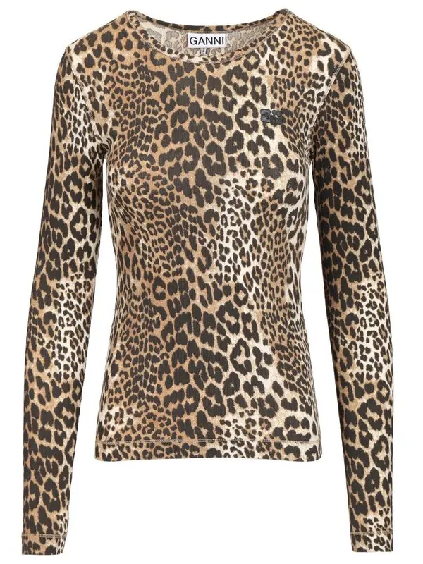 GANNI Long-sleeved Cotton T-shirt With Animal Print - Multicolor