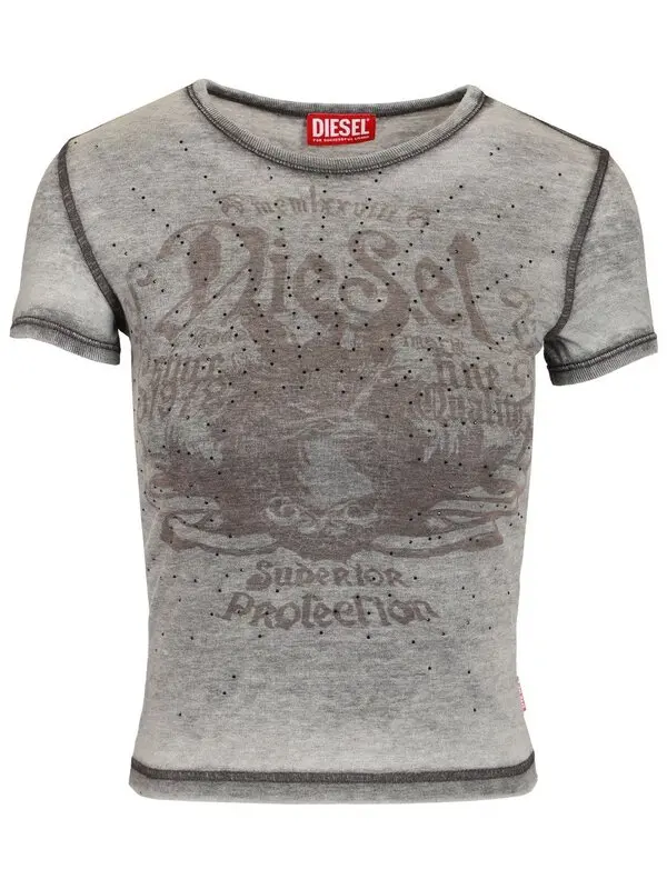 DIESEL® T-uncuties-long-aa3" Cotton Blend T-shirt With Logo And Rhinestone Print - Gray