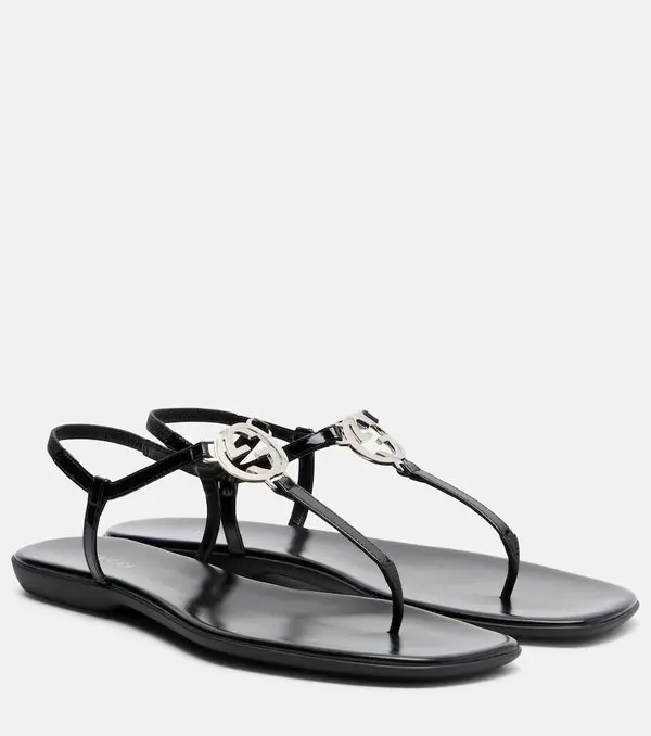 Gucci Interlocking G Leather Thong Sandals - Black