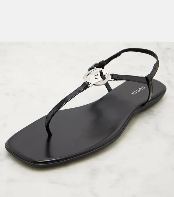 Gucci Interlocking G Leather Thong Sandals - Black