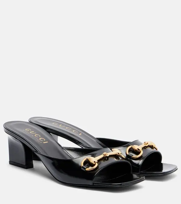 Gucci Signora Horsebit Patent Leather Mules - Black