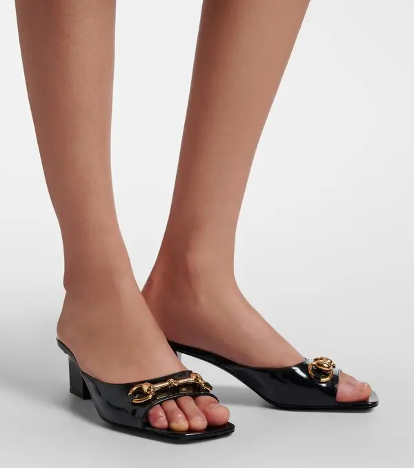 Gucci Signora Horsebit Patent Leather Mules - Black