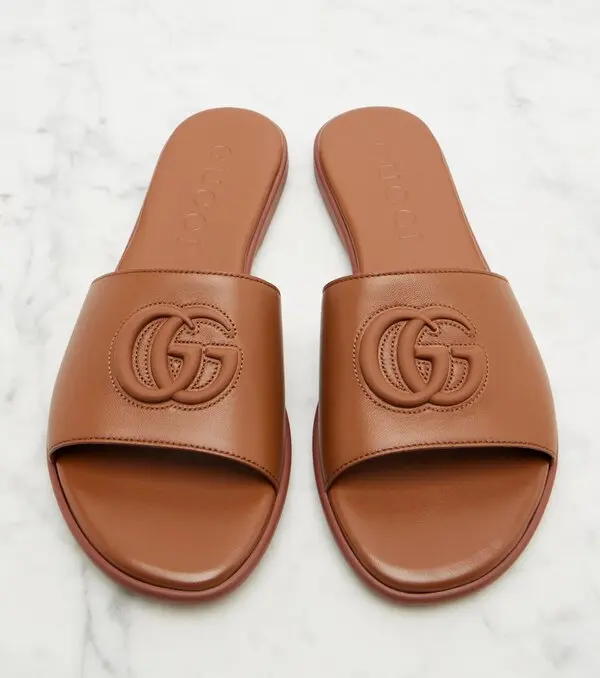 Gucci Double G Leather Slides - Brown