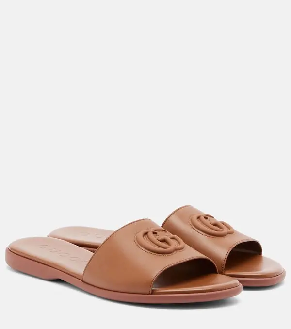 Gucci Double G Leather Slides - Brown