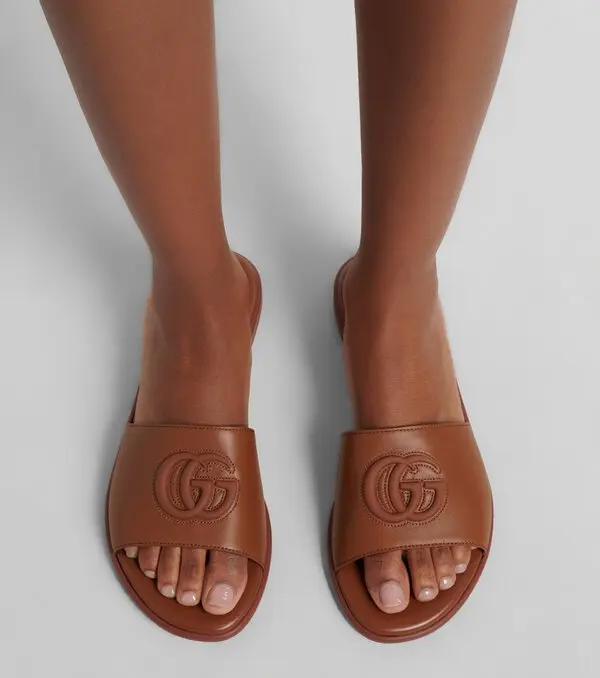 Gucci Double G Leather Slides - Brown