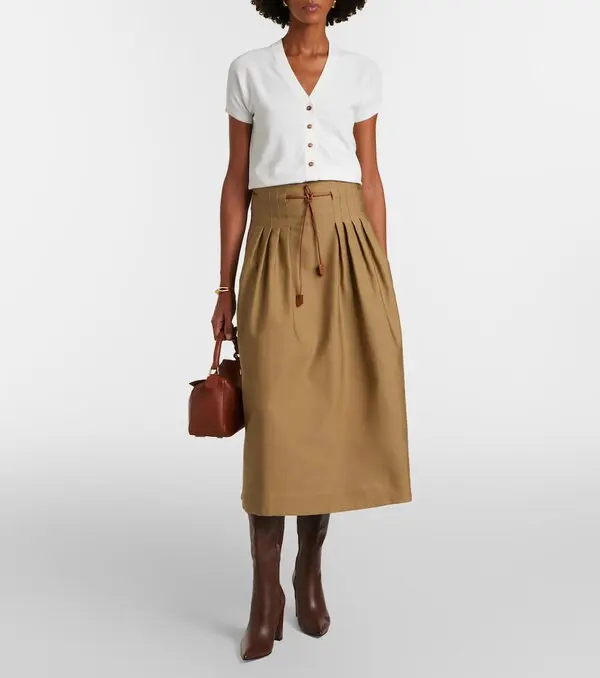 Max Mara Belted Cotton Twill Midi Skirt - Brown