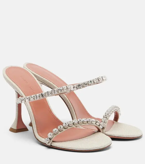 Amina Muaddi Gigi Embellished Canvas Mules - Beige