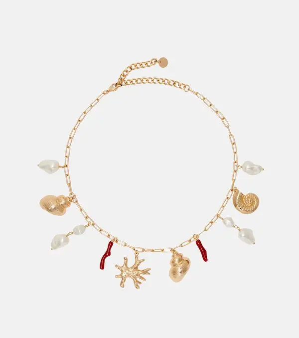 SELF-PORTRAIT Faux Pearl-embellished Charm Necklace - Gold
