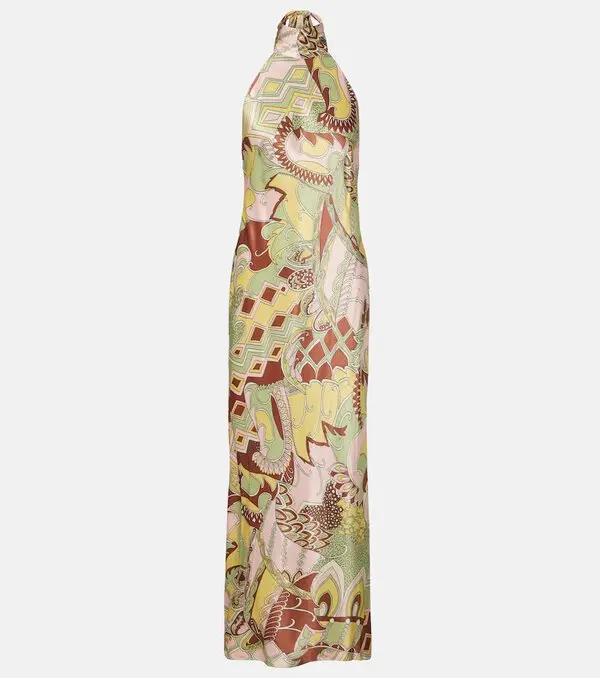 Rixo Maura Printed Halterneck Satin Midi Dress - Multicoloured