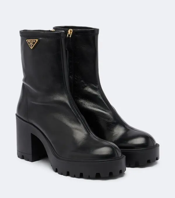 Prada Leather Ankle Boots With Side Zip And Gold Tone Hardware - Black