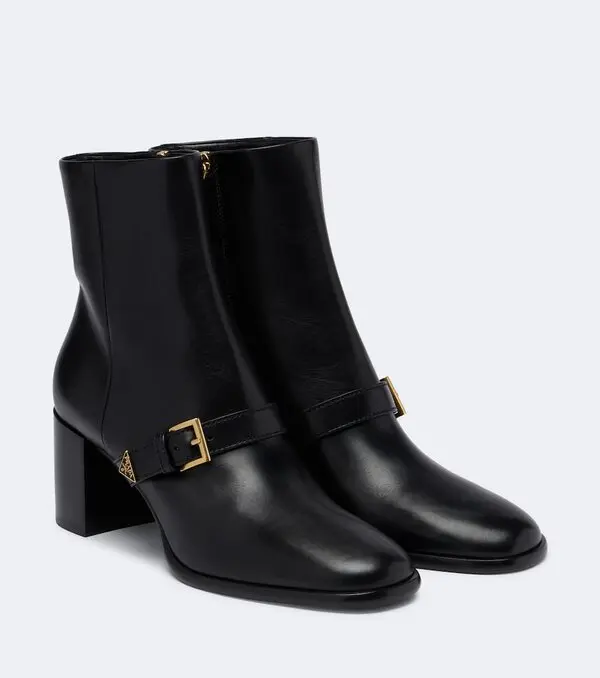 Prada Leather Ankle Boots With Gold Tone Hardware - Black