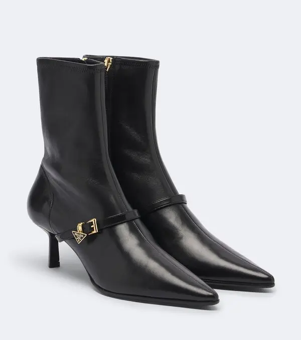 Prada Leather Ankle Boots With Gold Tone Hardware - Black