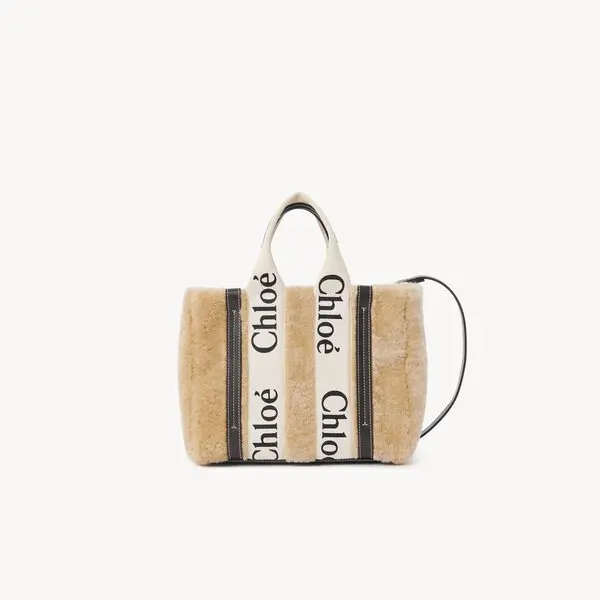 Chloé Small Woody Shearling Tote Bag - Summery Beige