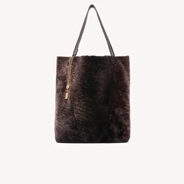 Chloé Shearling Tote Bag With Chain Detail - Kohl Brown