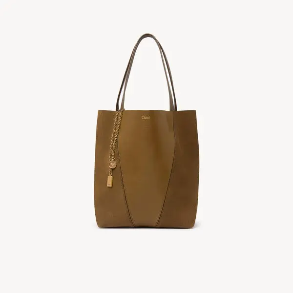Chloé Spin Tote Bag In Grained And Suede Leather - Dark Khaki